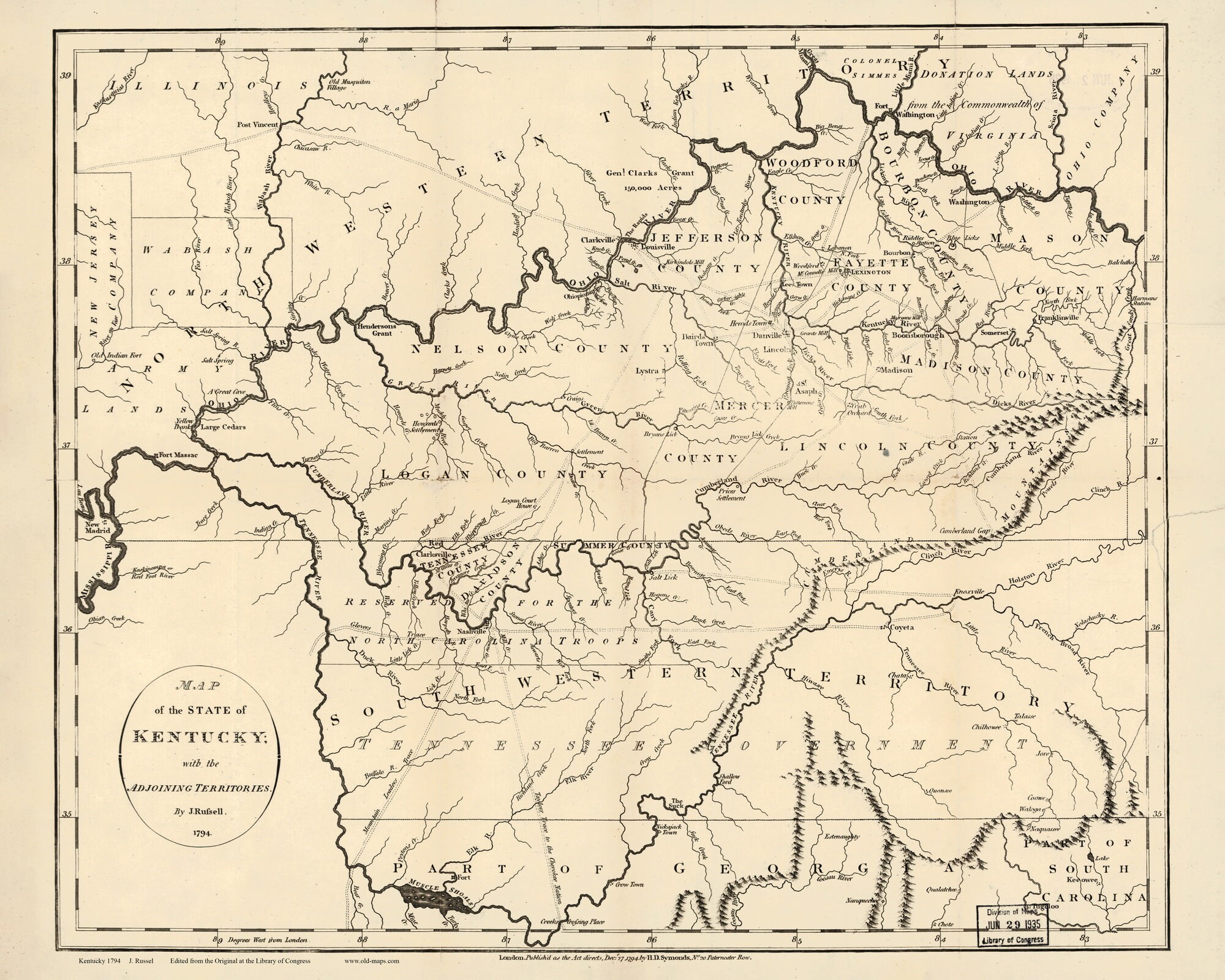 Kentucky 1794 - State Map Russell - Old Map Reprint - Etsy