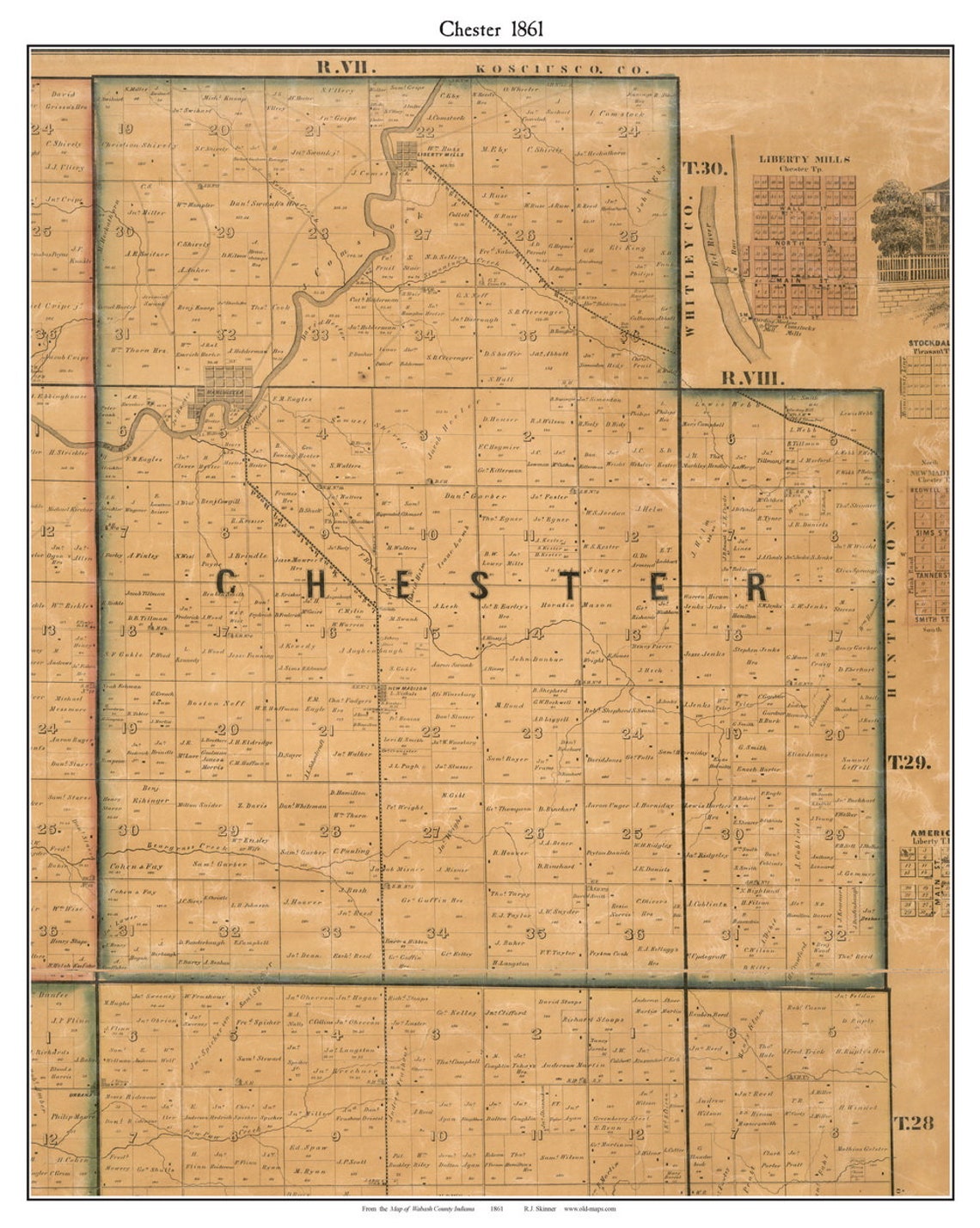 Chester 1861 Old Town Map With Homeowner Names Indiana Manchester ...
