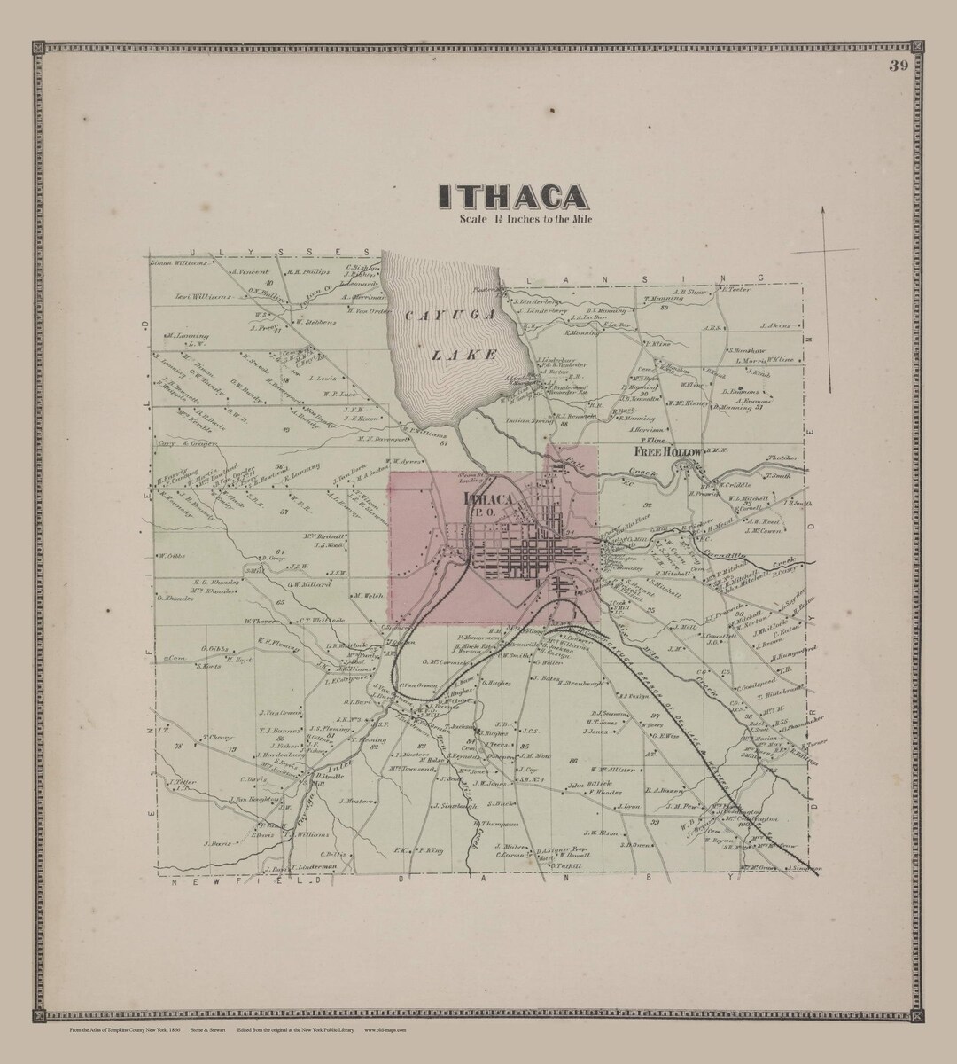Ithaca 1866 Old Town Map Reprint Tompkins County, New York, Homeowner ...
