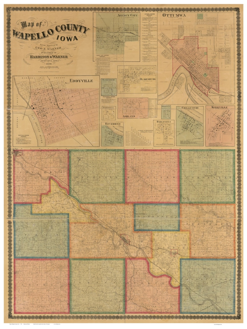 Wapello County Iowa 1870 Old Wall Map With Landowner Names | Etsy