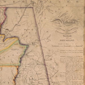 Alabama 1819 Old State Map Detailed Early Map War of 1812 Notes Reprint ...