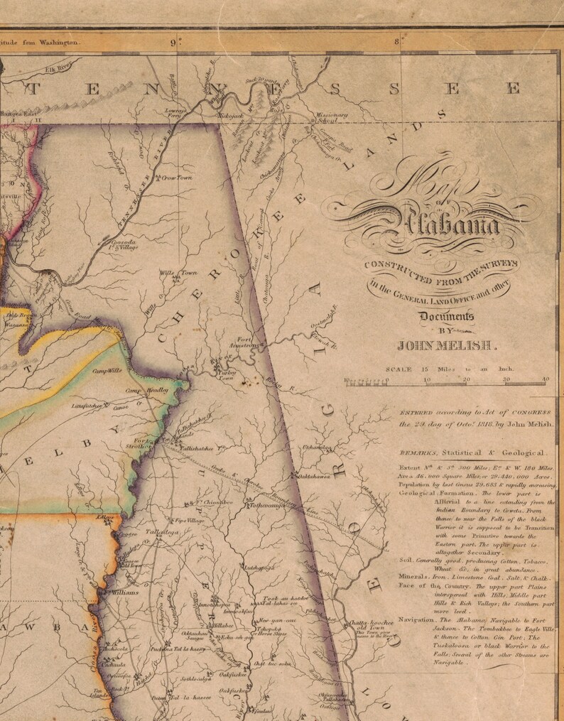 Alabama 1819 Old State Map Detailed Early Map War of 1812 Notes Reprint ...