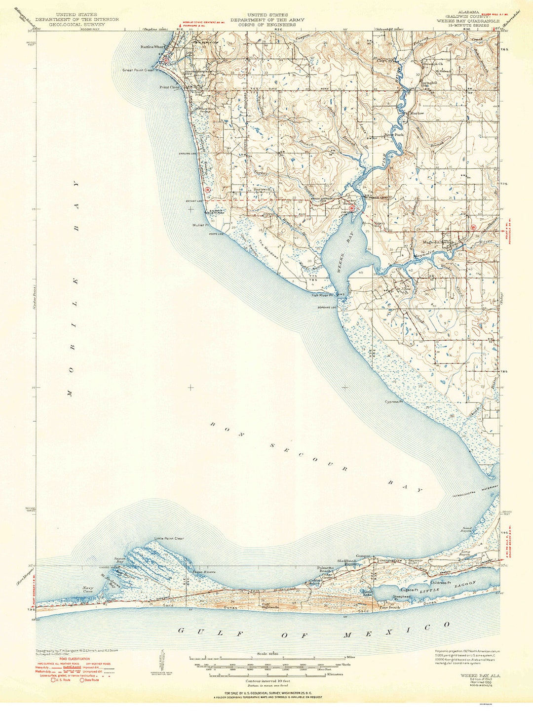 Weeks Bay 1943 (1950) Old Topo Map Fish River Magnolia River Palmetto ...