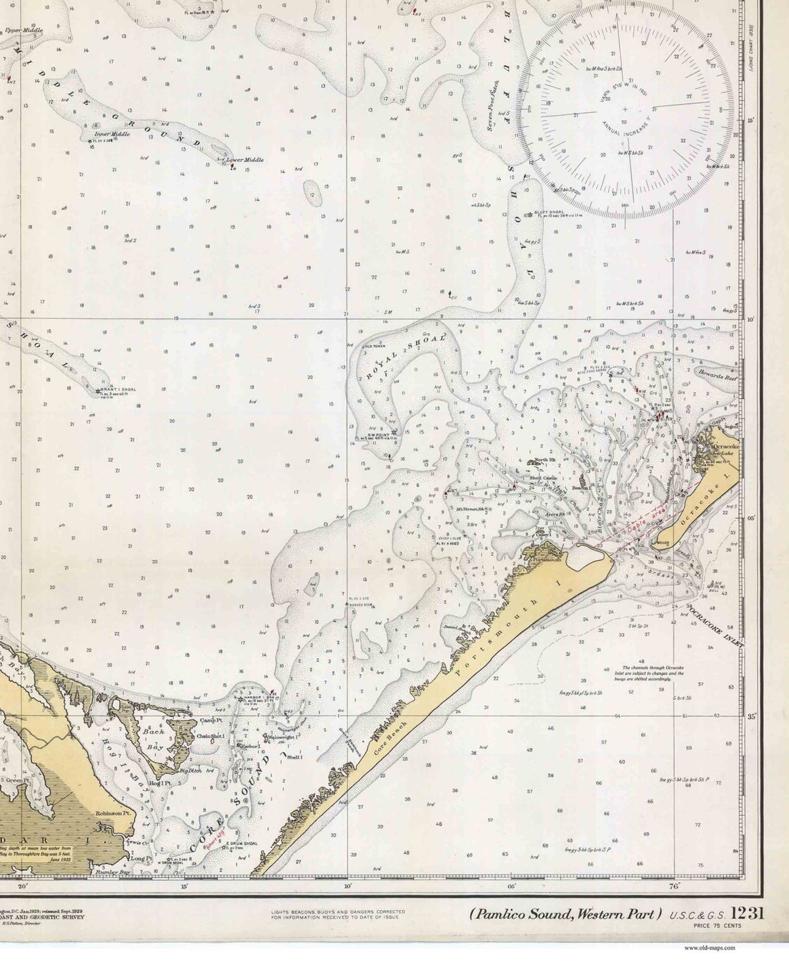 Pamlico Sound 1933 Western Sheet - Outer Banks Ocracoke Vandemere ...