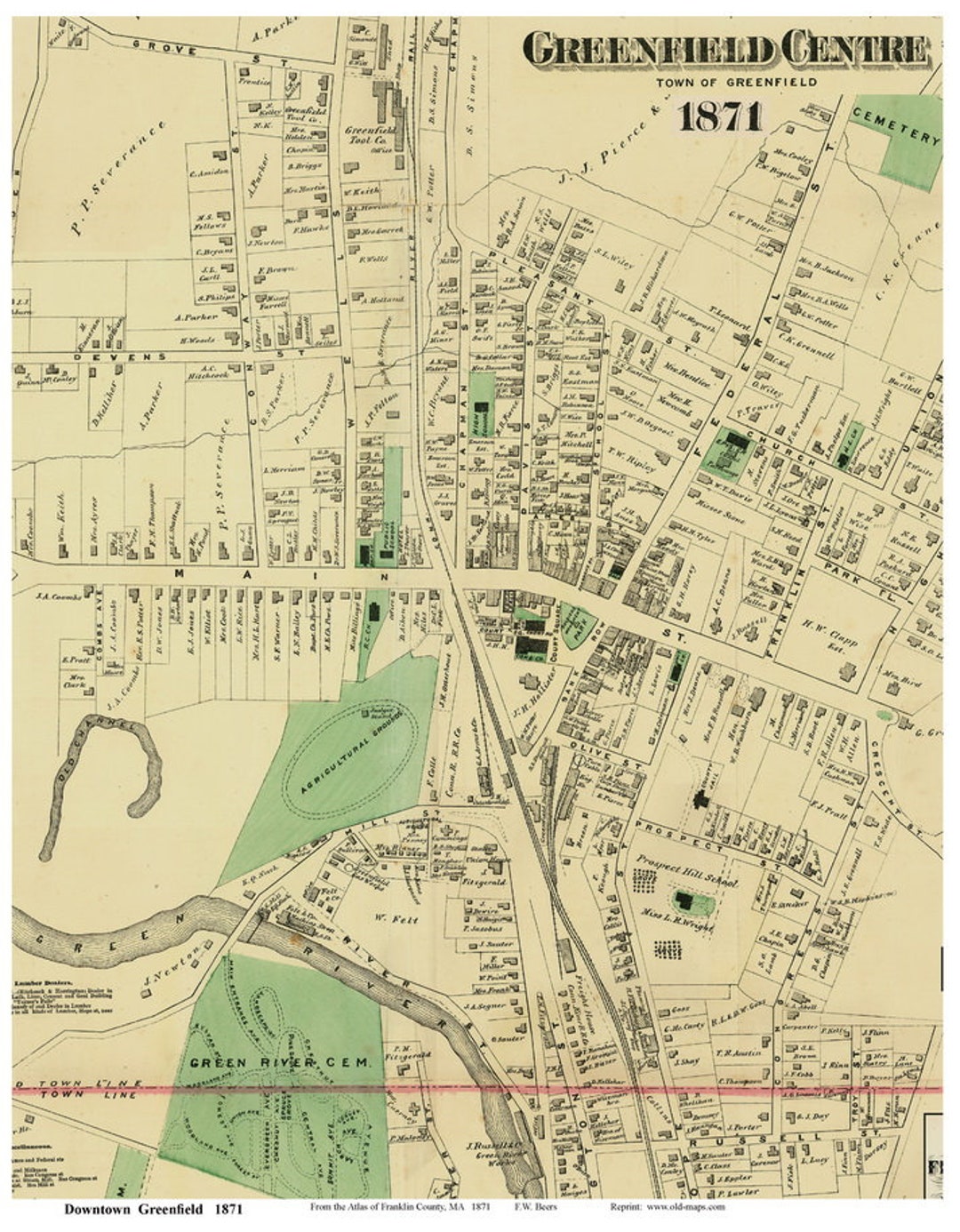 Greenfield Downtown 1871 - Old Town Map Reprint (cropped) - Franklin ...
