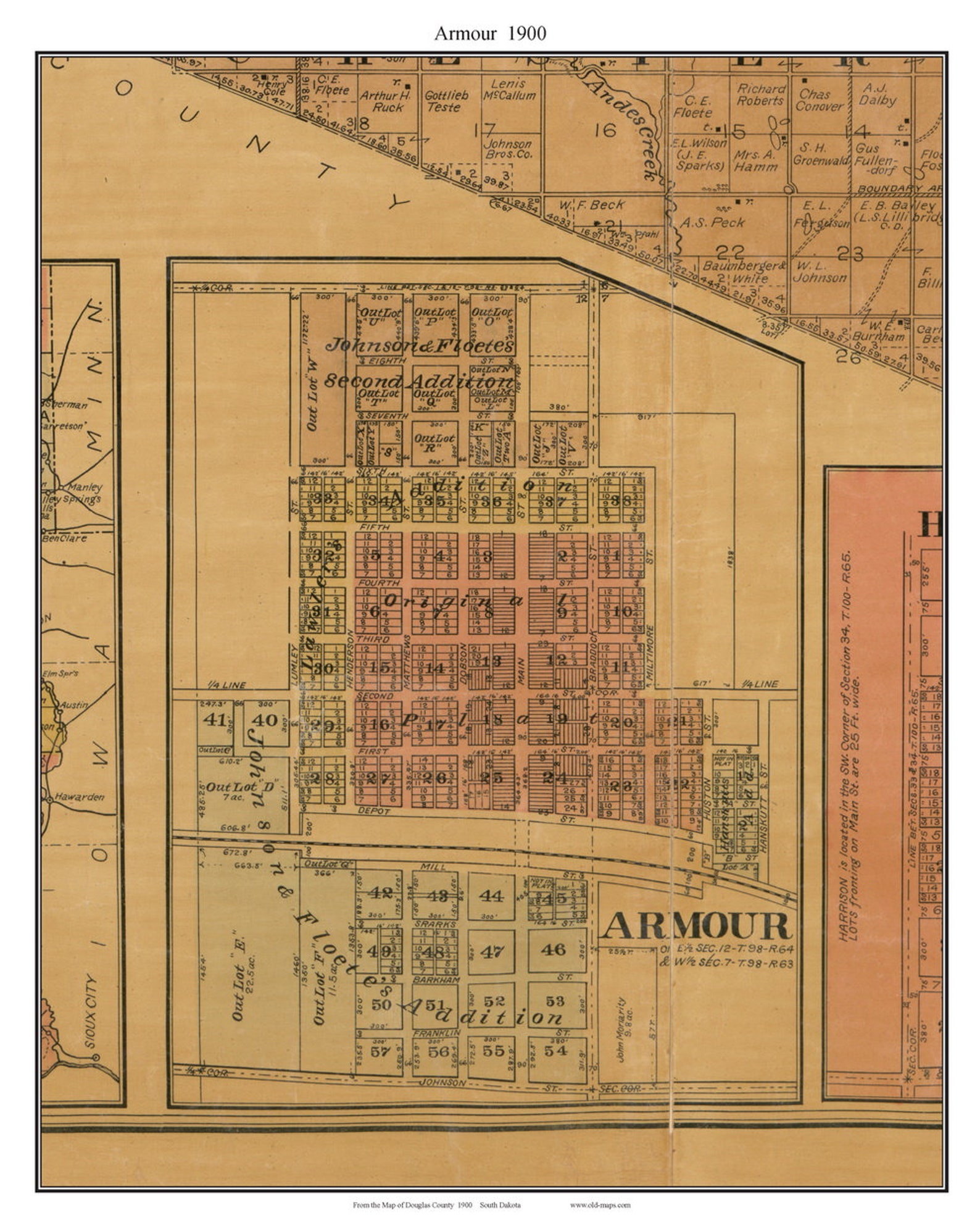 Armour 1900 Old Town Map With Homeowner Names South Dakota Douglas ...
