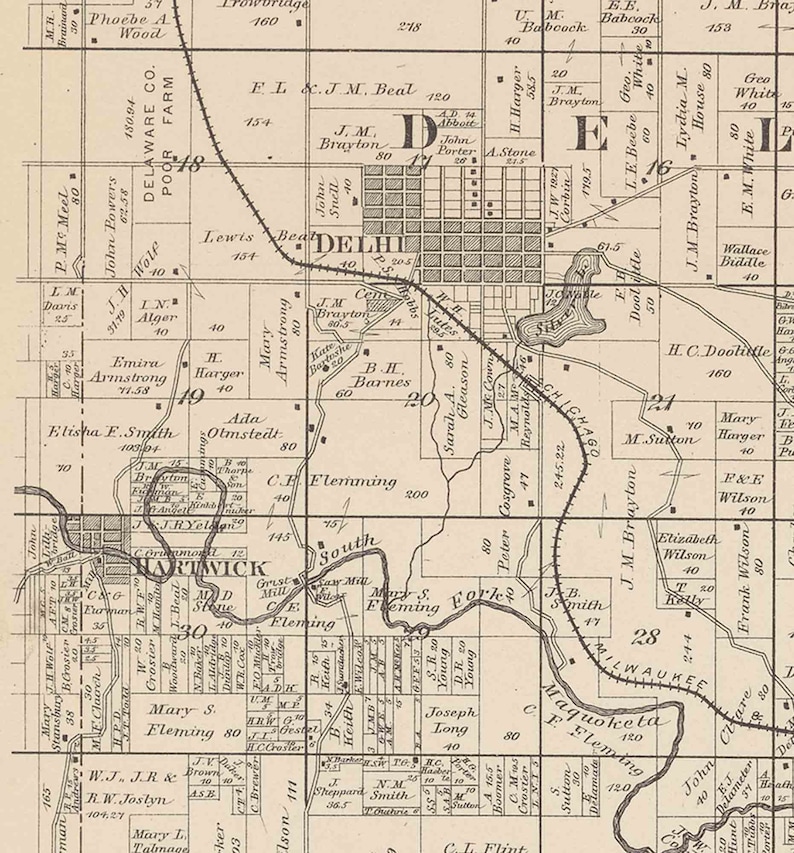 Delaware County Iowa 1882 Old Wall Map With Landowner Names Farm Lines ...