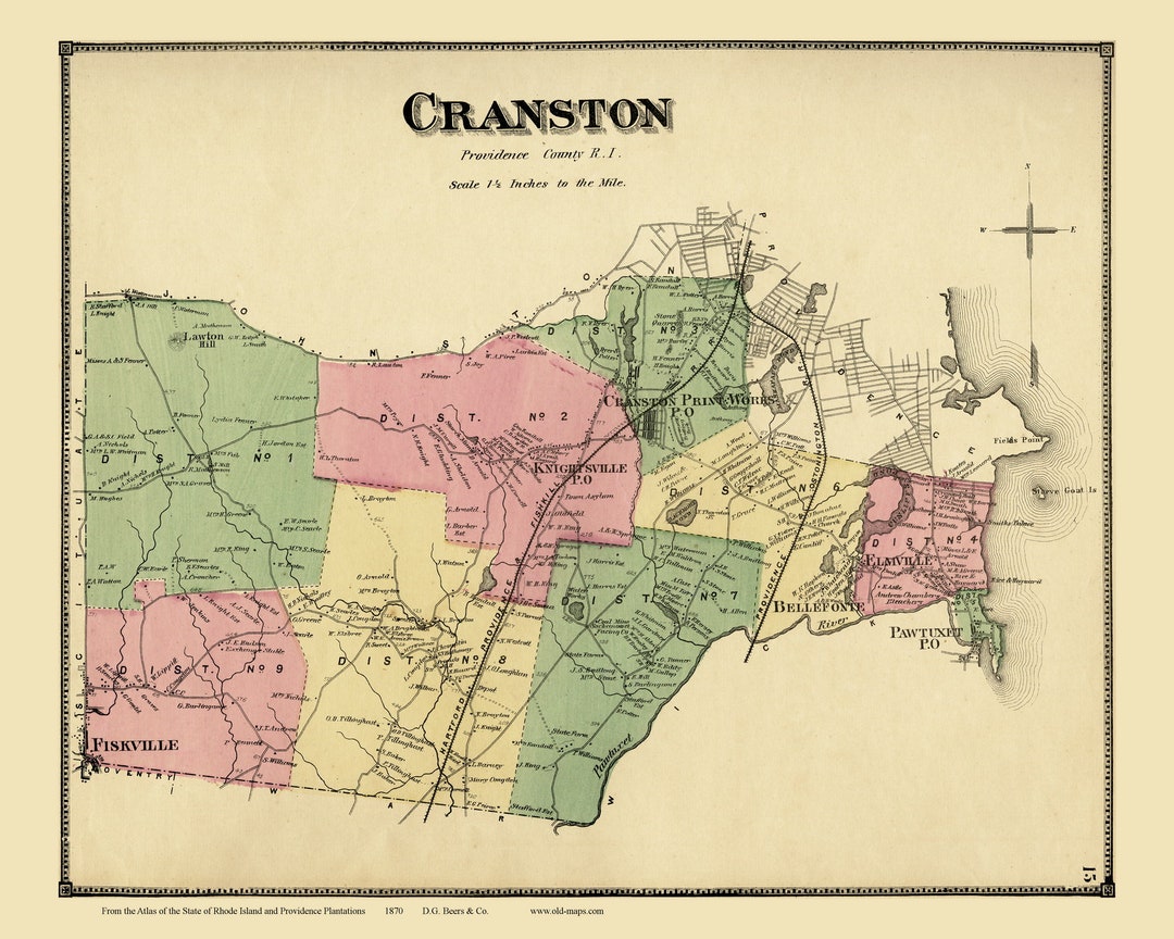 Cranston Rhode Island 1870 Old Town Map Fiskeville Reprint With ...