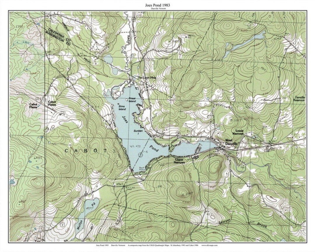 Joes Pond - 1983 Old Topographic Map Danville Cabot Plains USGS Custom ...