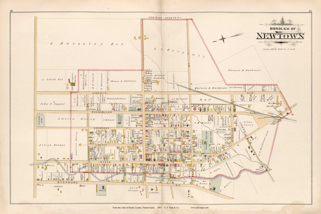 Newtown Borough 1891 Old Town Map With Homeowner Names Pennsylvania ...