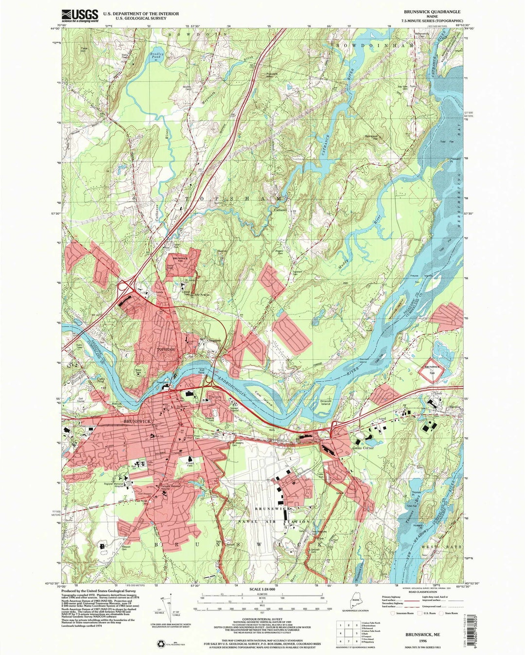 Brunswick 1969 2001 Old Topo Map Topsham Androscoggin - Etsy