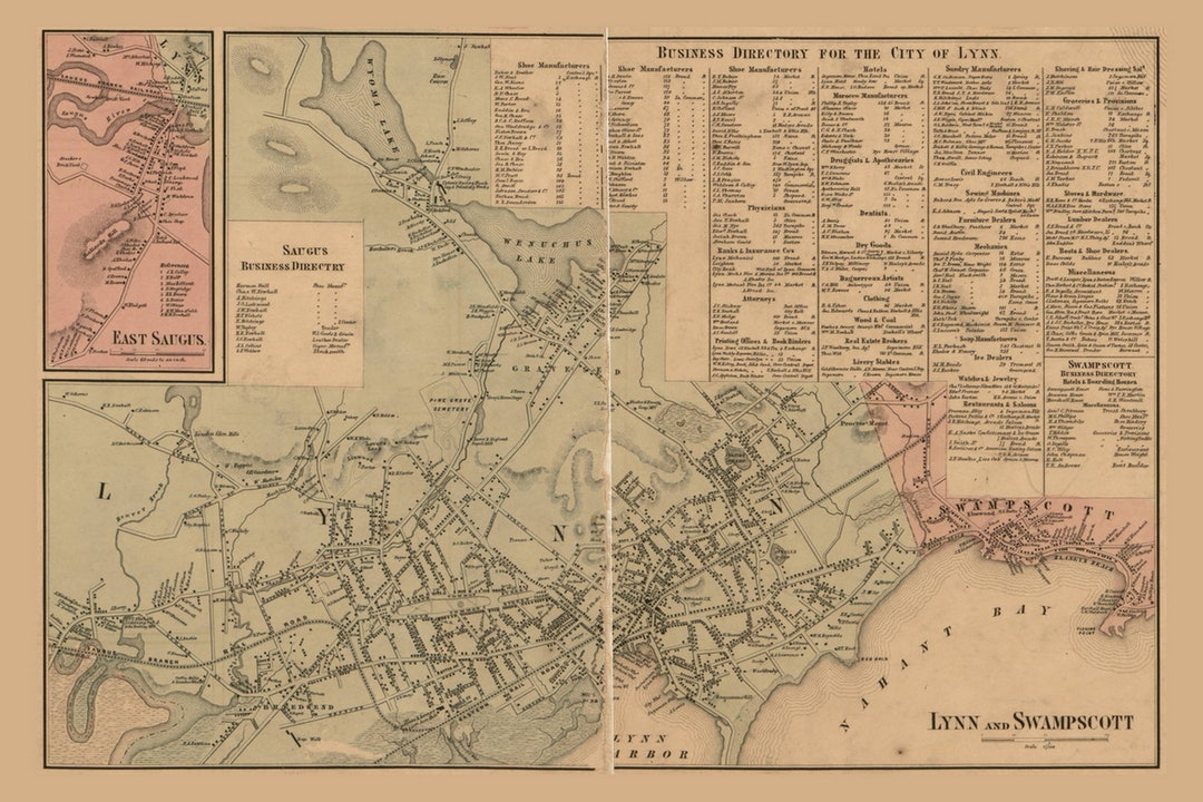 Lynn and Swampscott Massachusetts 1856 Old Town Map With Homeowner ...