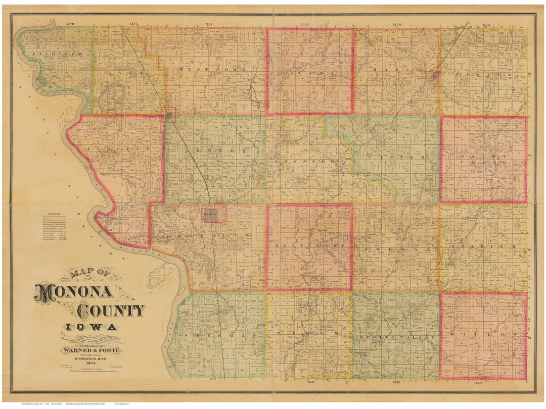 Monona County Iowa 1884 Old Wall Map With Landowner Names Farm Lines ...