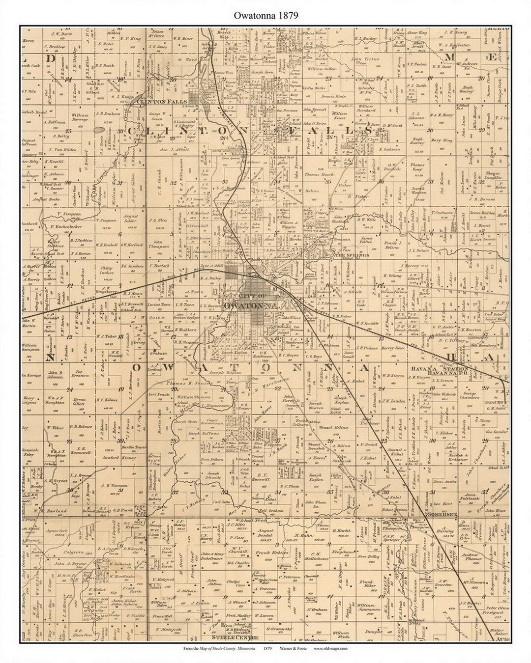 Owatonna 1879 - Old Town Map With Homeowner Names Minnesota - Reprint ...