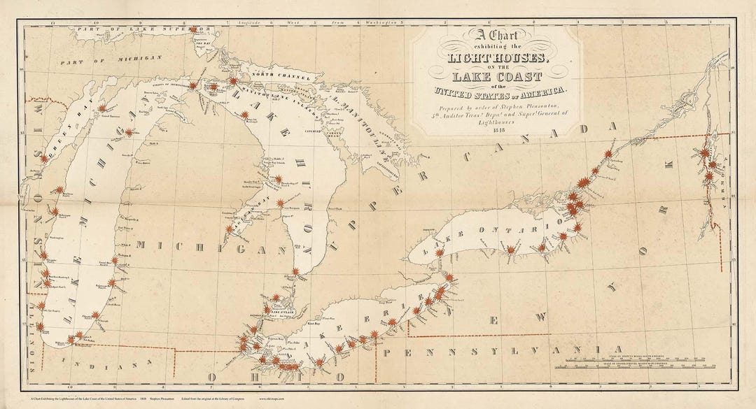 Great Lakes Lighthouses - 1848 Old Map Reprint USA MW Regional - Etsy