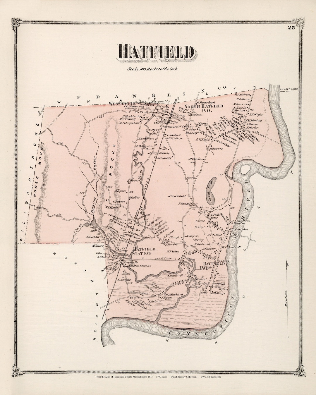 Hatfield 1873 - Old Town Map Reprint - Hampshire County, Massachusetts ...