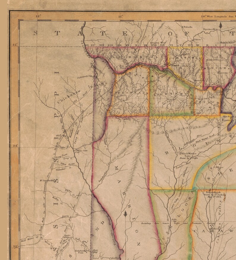 Alabama 1819 Old State Map Detailed Early Map War of 1812 Notes Reprint ...