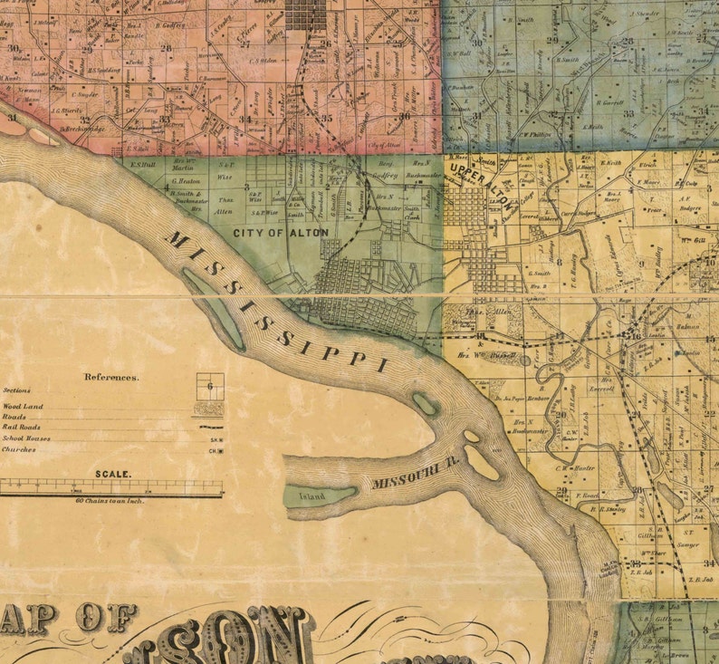 Madison County Illinois 1861 Old Wall Map Reprint With - Etsy