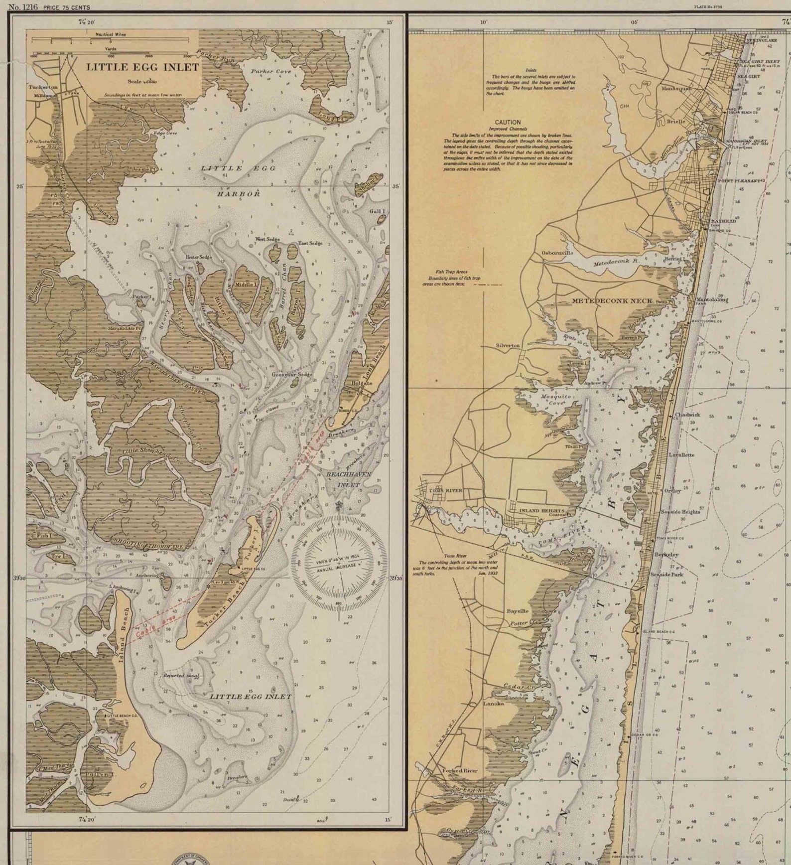 Sea Girt Light to Little Egg Inlet - 1933 Nautical Map Reprint - New ...