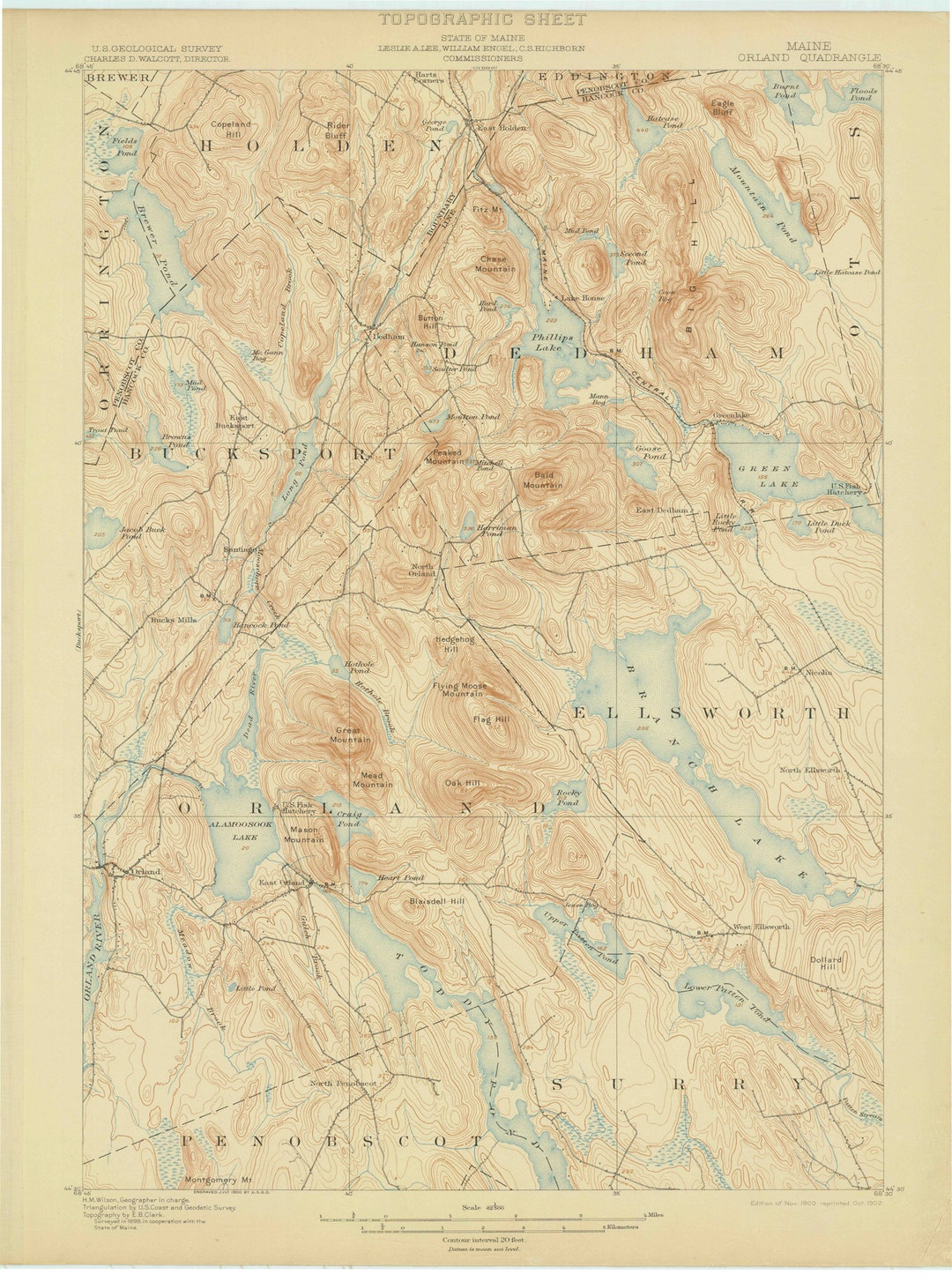 Orland 1900 (1902) Old Topo Map Holden Ellsworth Bucksport Orland Surry ...