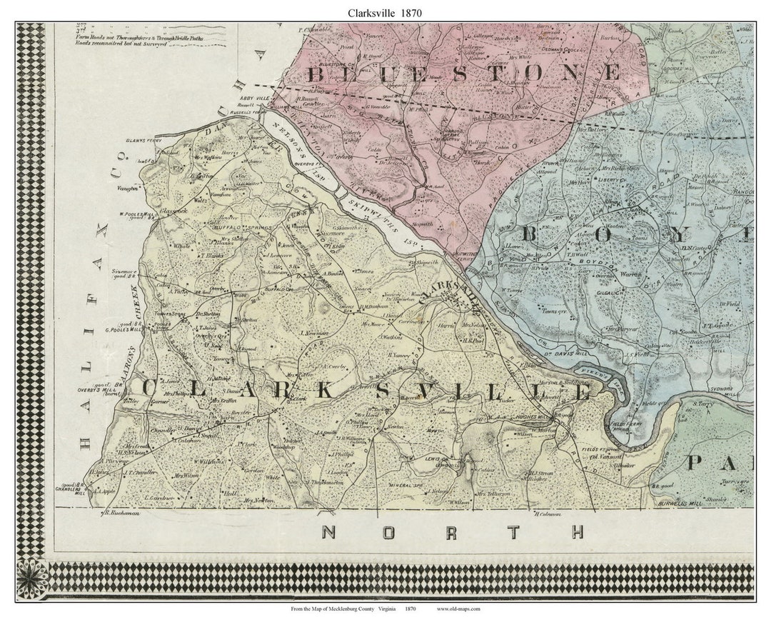 Clarksville 1870 Old Town Map With Homeowner Names - Reprint Genealogy ...
