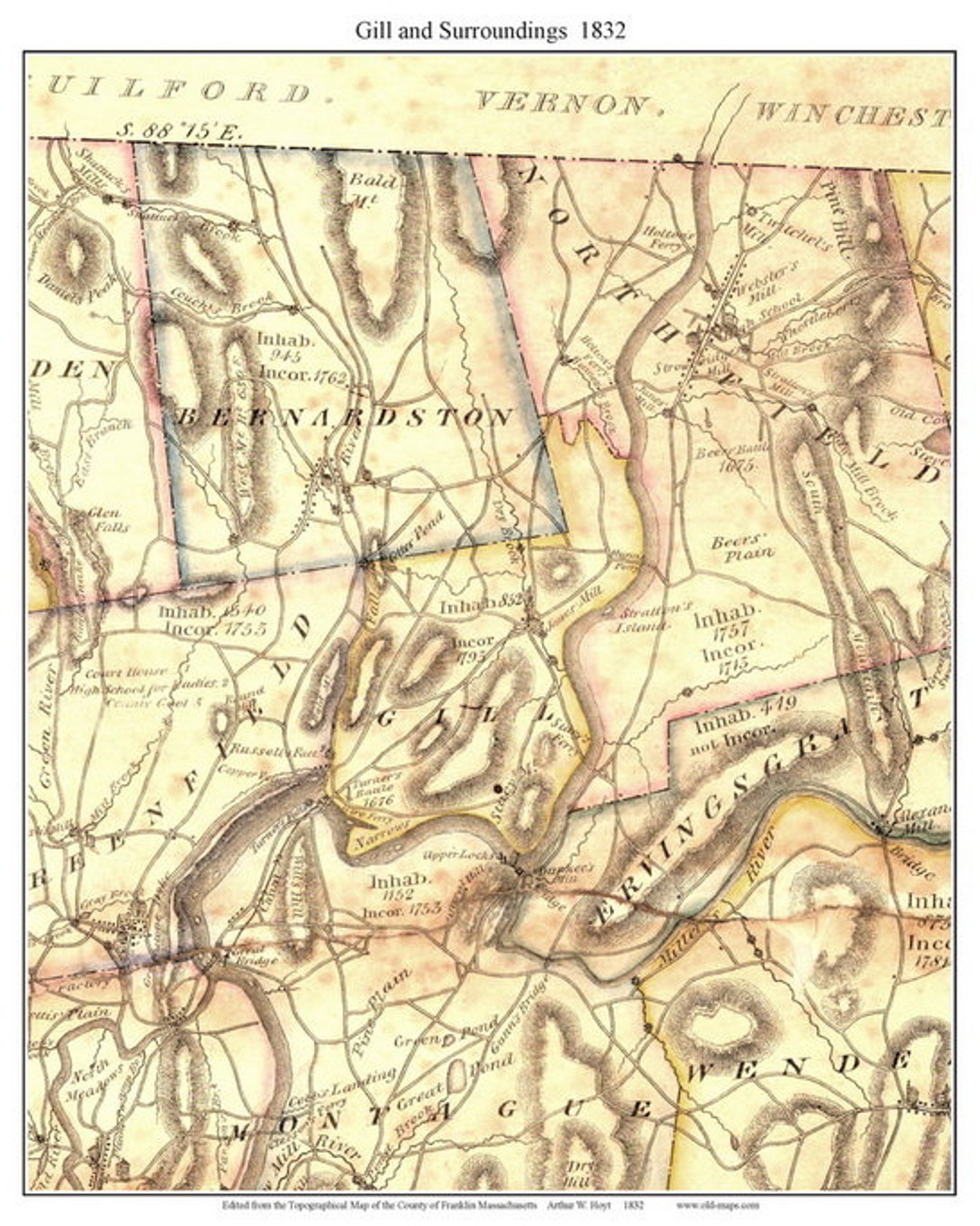 Gill 1832 - Old Town Map Reprint - Franklin County, Massachusetts ...