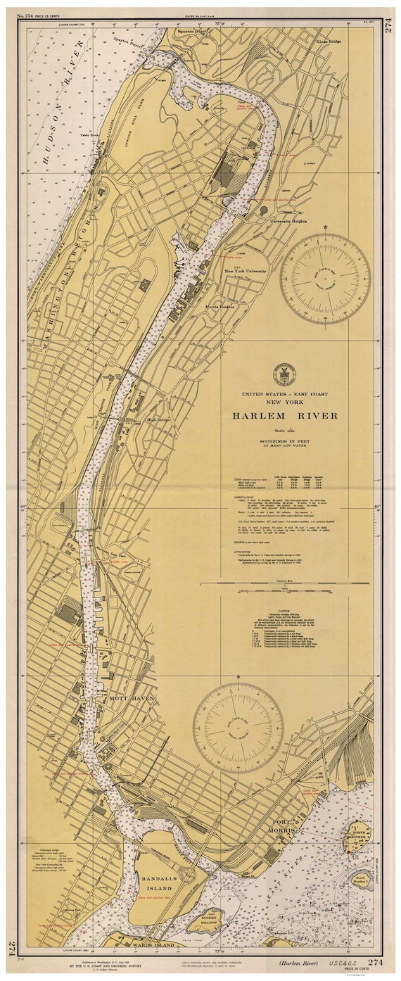 Harlem River NY 1939 Nautical Map Reprint Harbors 274 | Etsy