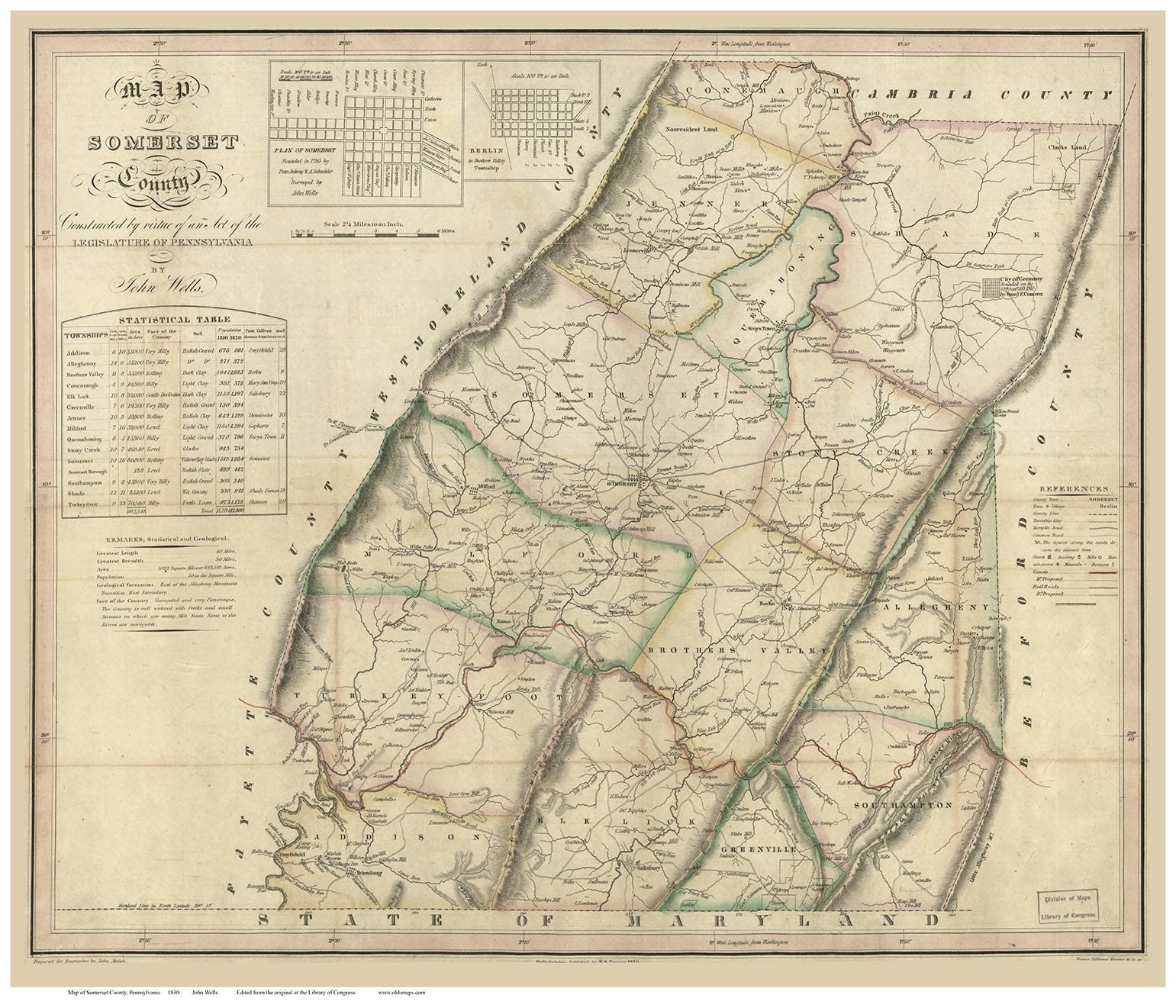 Somerset County Pennsylvania 1830 Old Wall Map with | Etsy