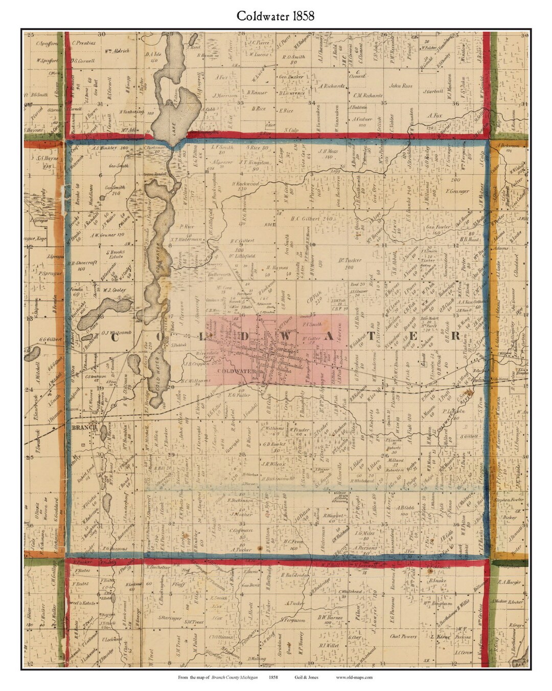 Coldwater 1858 Old Town Map With Homeowner Names - Branch - Cold Water ...