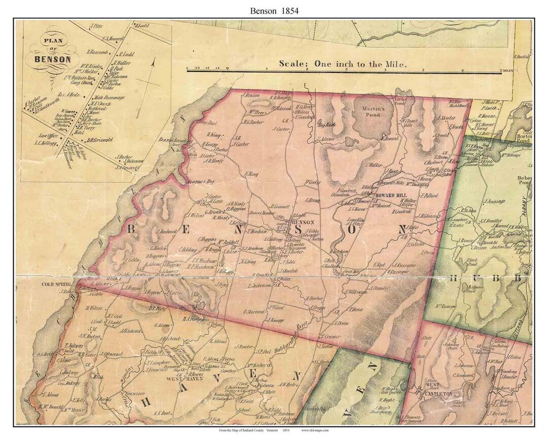 Benson 1854 Old Town Map With Homeowner Names - Vermont - Rutland ...