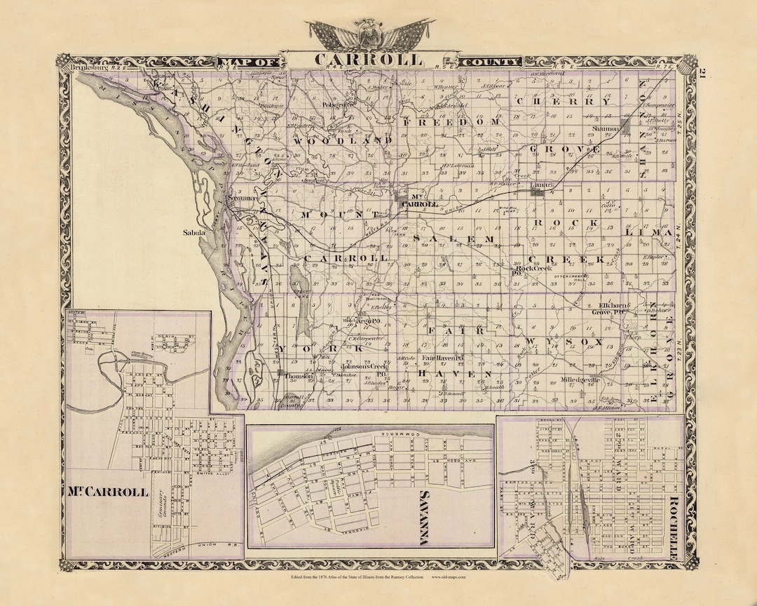 Carroll County Illinois 1876 Map Mount Carroll Savannah Rochelle ...