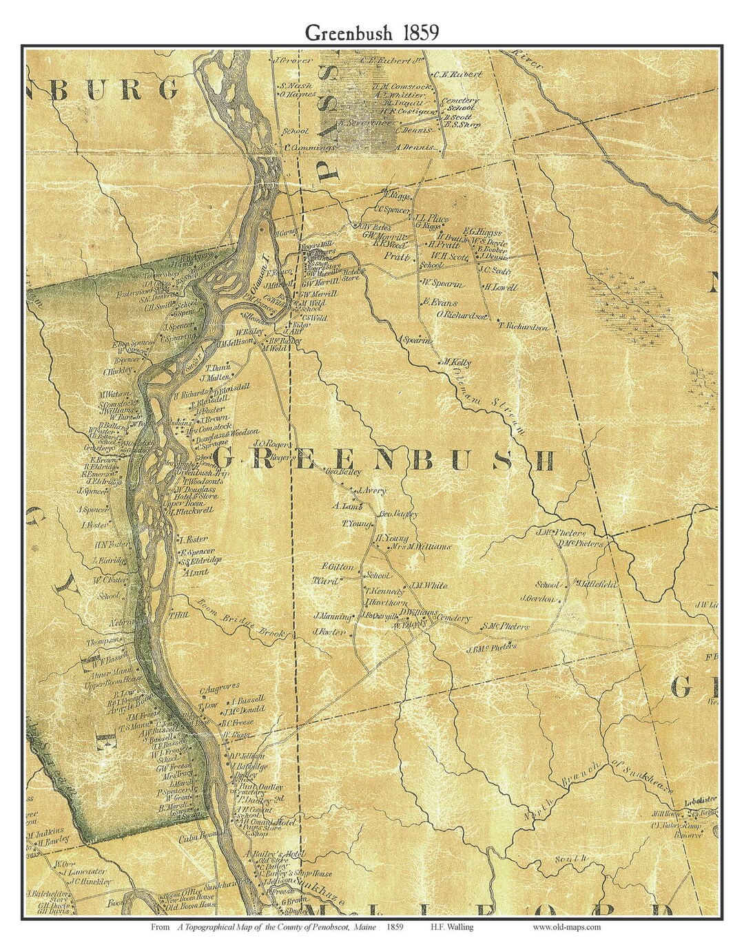 Greenbush 1859 Old Town Map With Homeowner Names Maine - Reprint ...