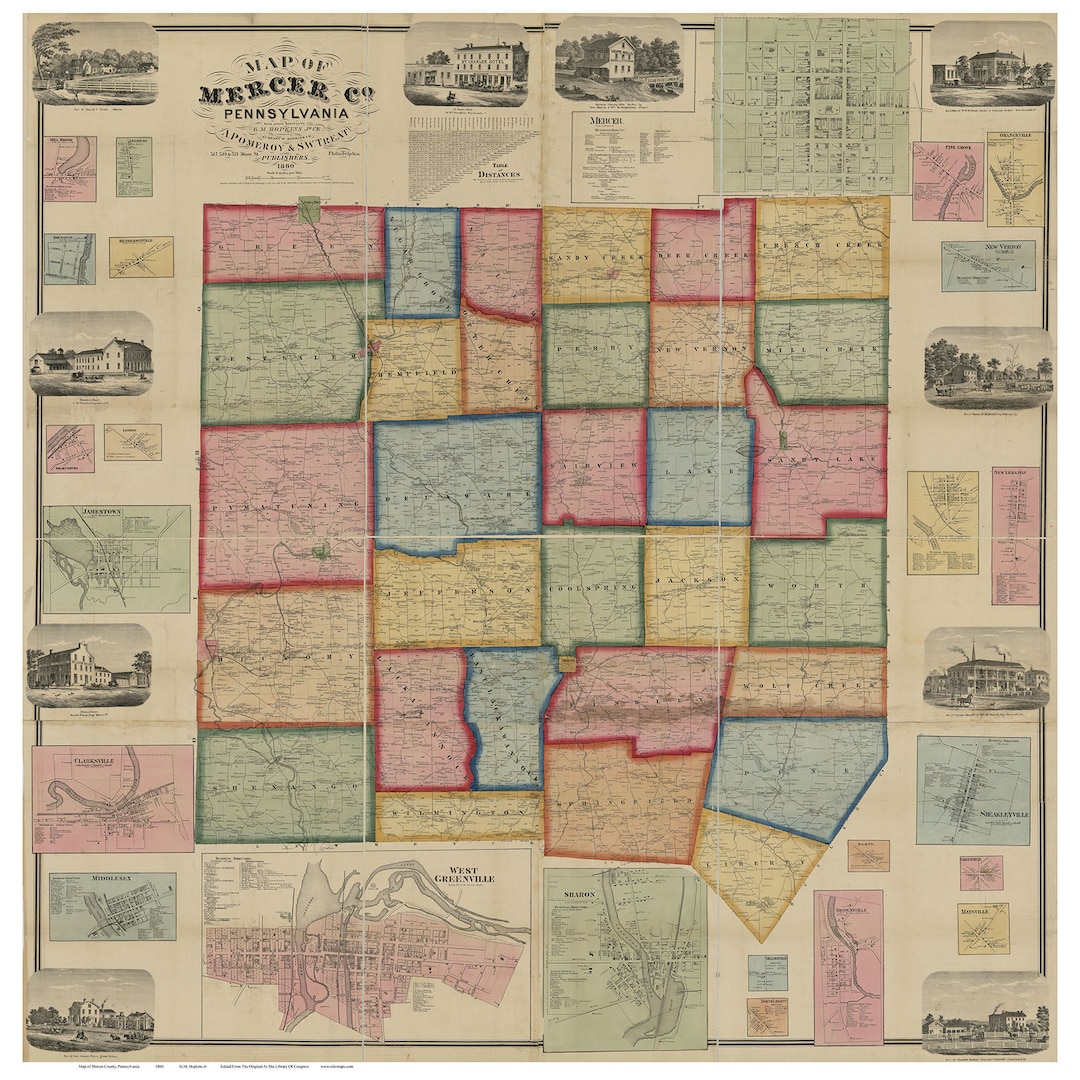 Mercer County 1860 Pennsylvania - Wall Map With Homeowner Names ...
