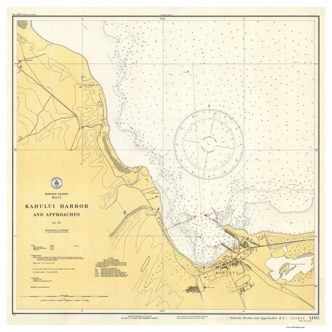Kahului Harbor Approaches 1938 Nautical Map Maui Hawaii, PC Harbors ...