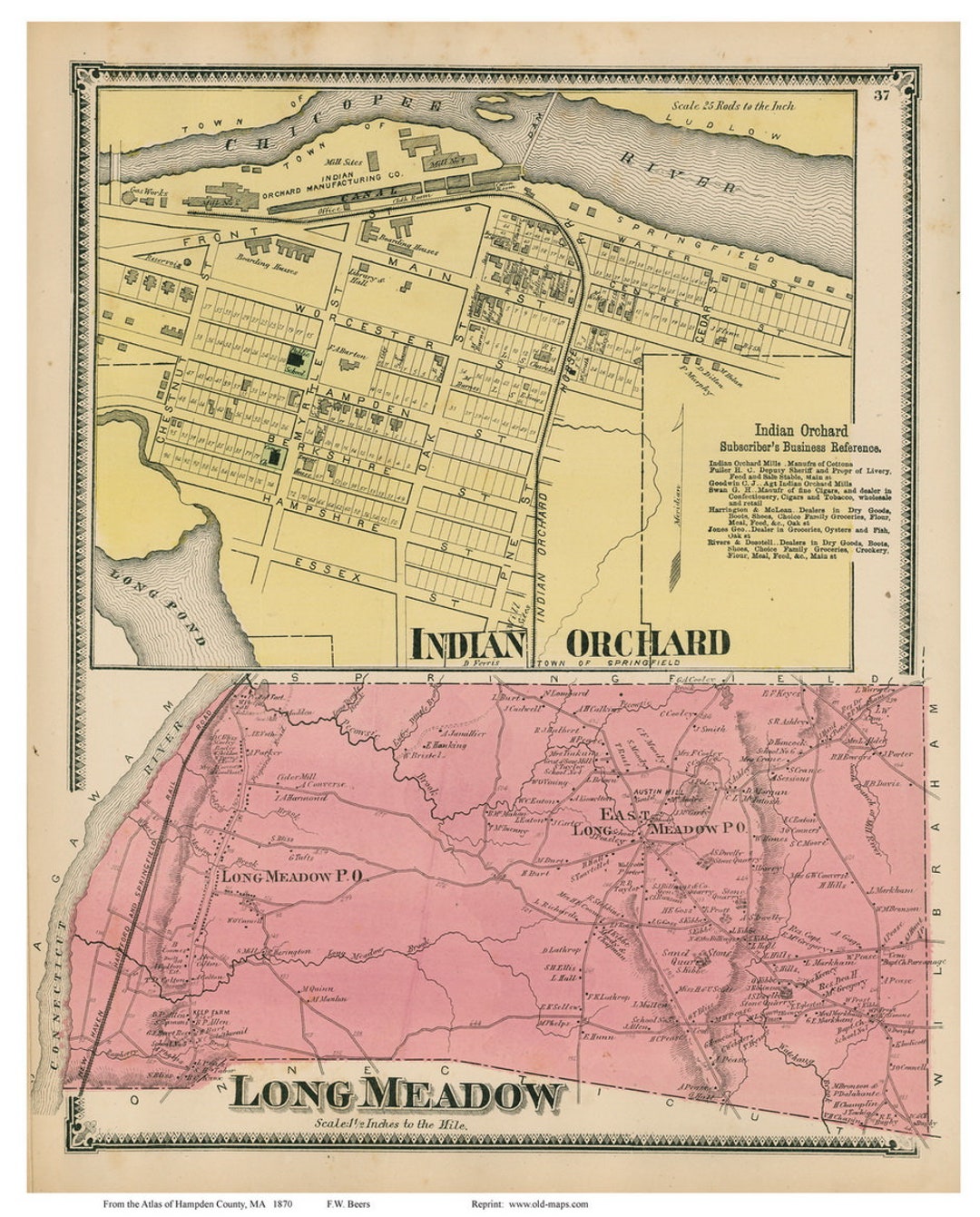 Longmeadow 1870 - Old Town Map Reprint - Indian Orchard, Hampden County ...