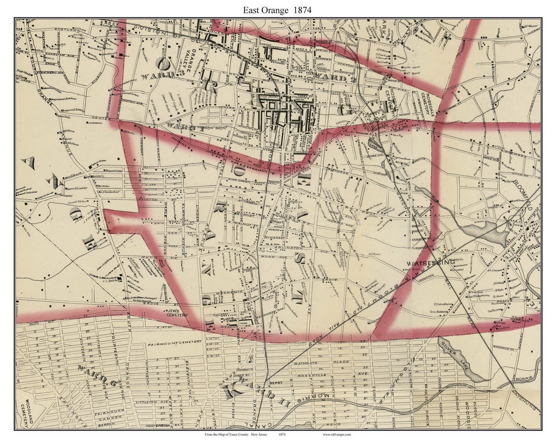 East Orange 1874 Old Town Map With Homeowner Names New Jersey Reprint ...