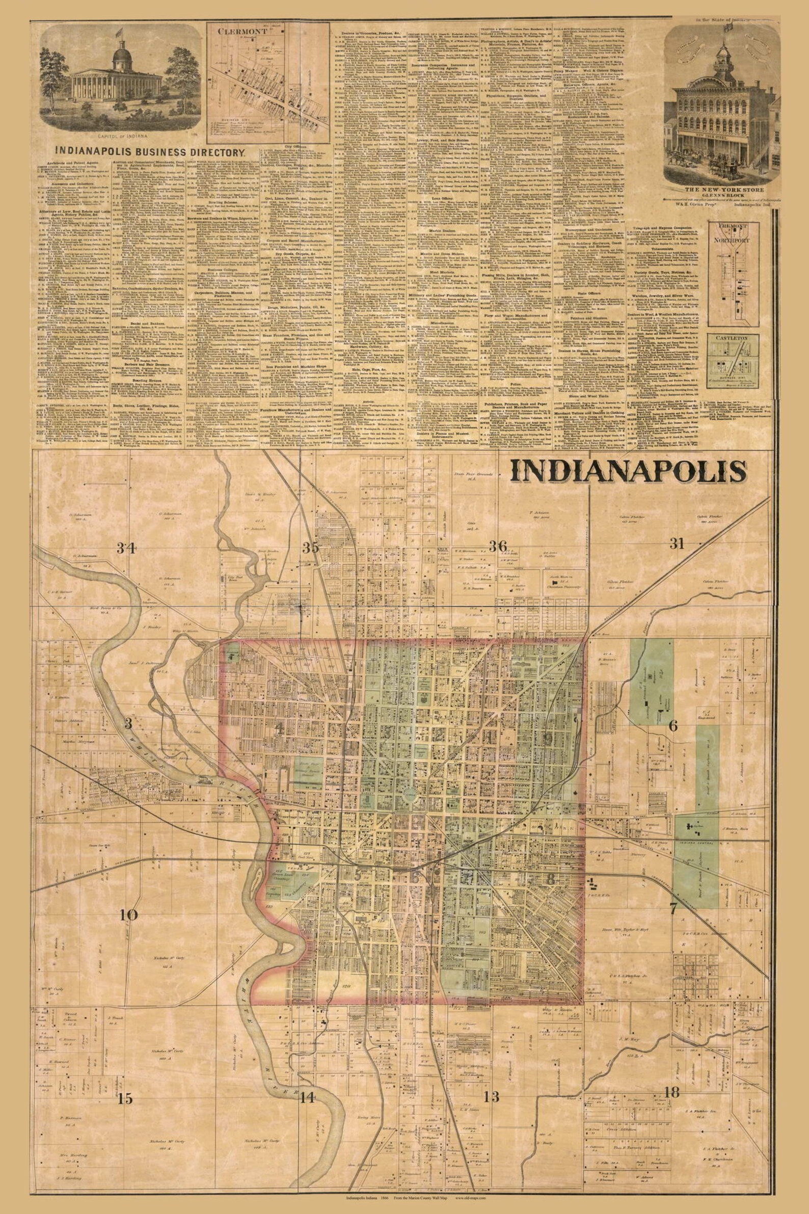Indianapolis 1866 Old Town Map With Homeowner Names Indiana - Etsy