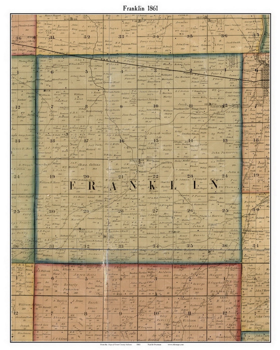 Franklin 1861 Old Town Map With Homeowner Names Indiana - Reprint ...