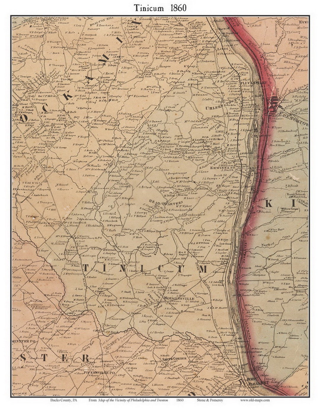 Tinicum 1860 Old Town Map With Homeowner Names - Pennsylvania - Reprint ...
