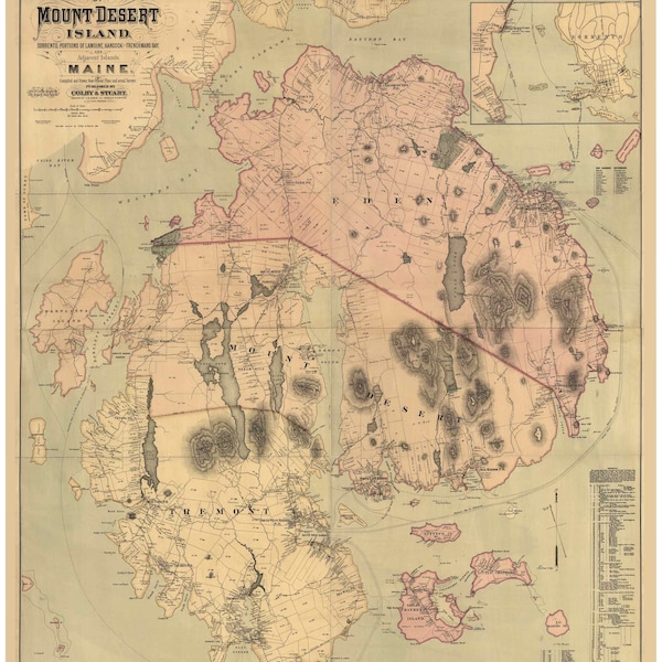 Old Map Mount Desert Island - Etsy