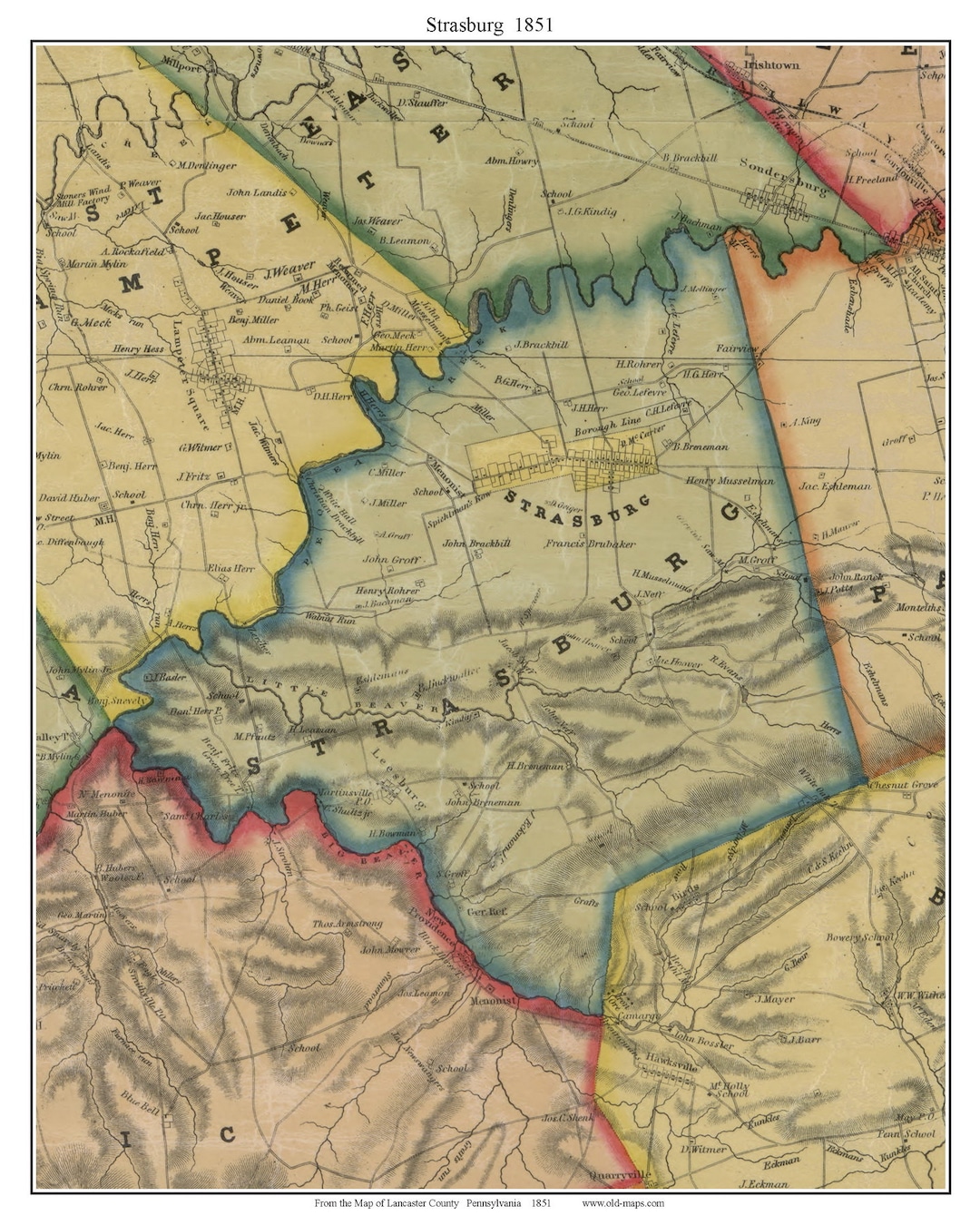 Strasburg 1851 Old Town Map With Homeowner Names - Pennsylvania ...