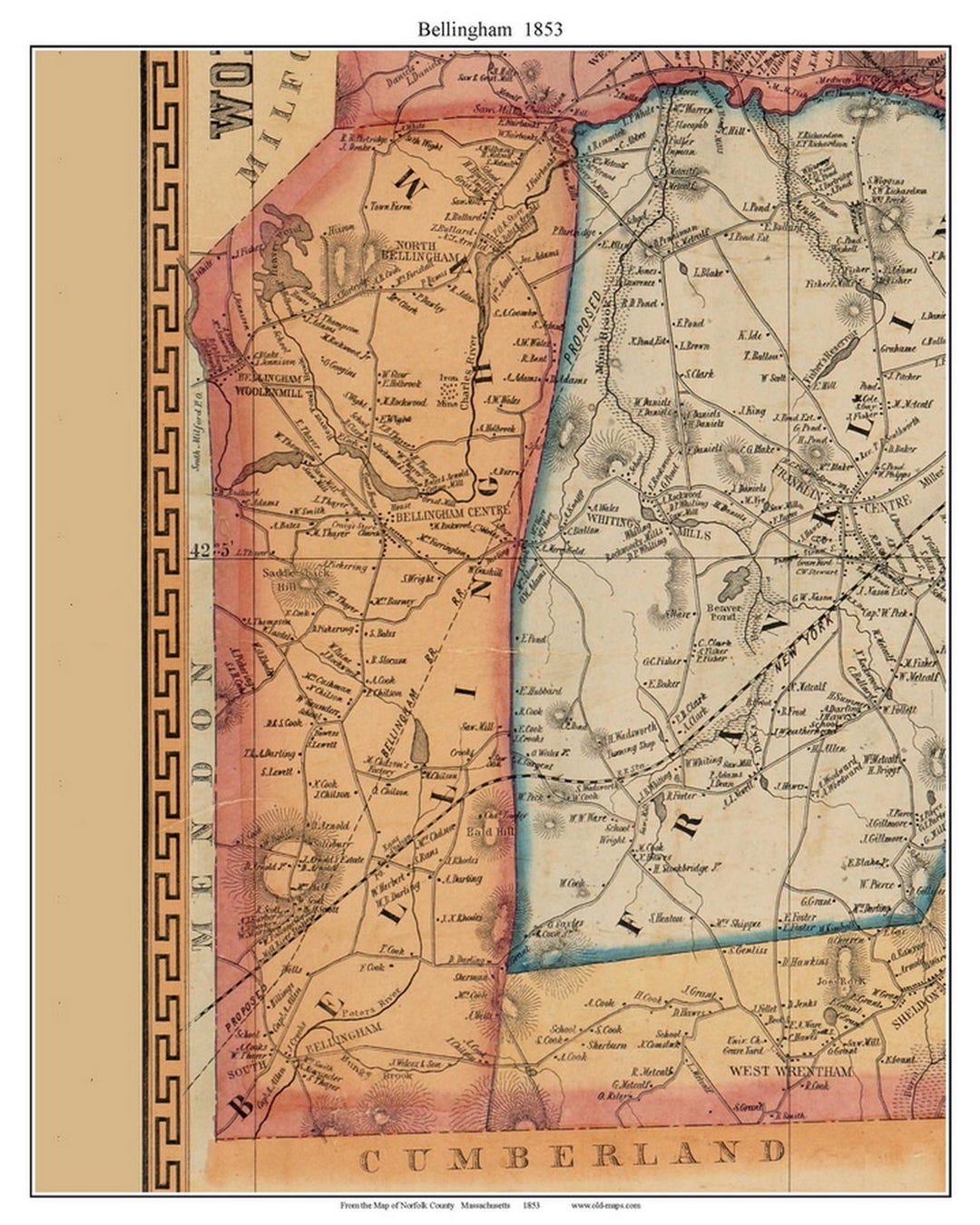 Bellingham Massachusetts 1853 Old Town Map With Homeowner Names ...