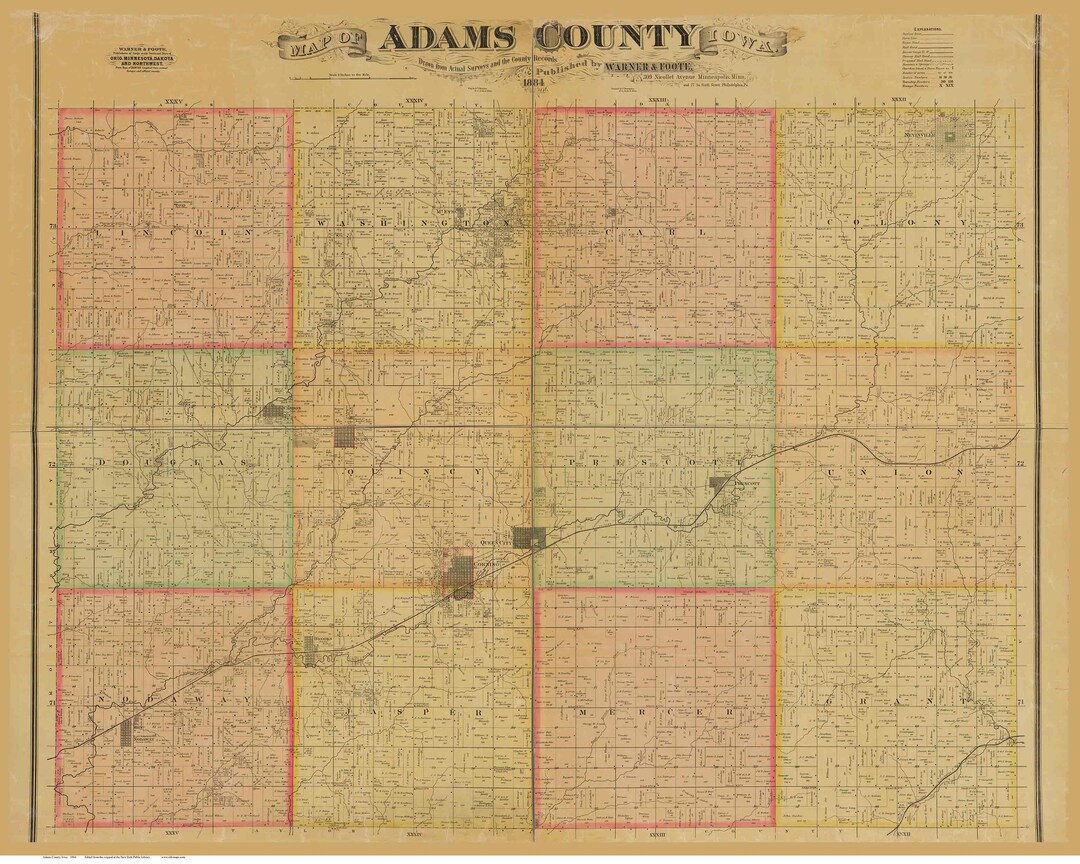 Adams County Iowa 1884 Old Wall Map With Landowner Names Farm Lines ...