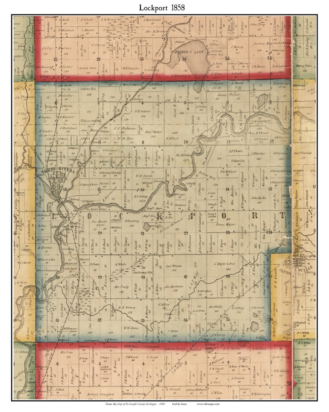 Lockport 1858 Old Town Map With Homeowner Names - Michigan - Reprint ...