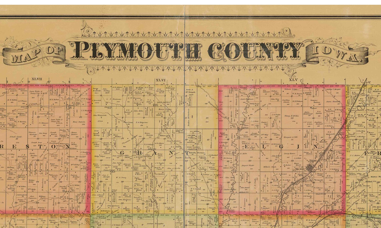 Plymouth County Iowa 1884 Old Wall Map With Landowner Names Farm Lines ...