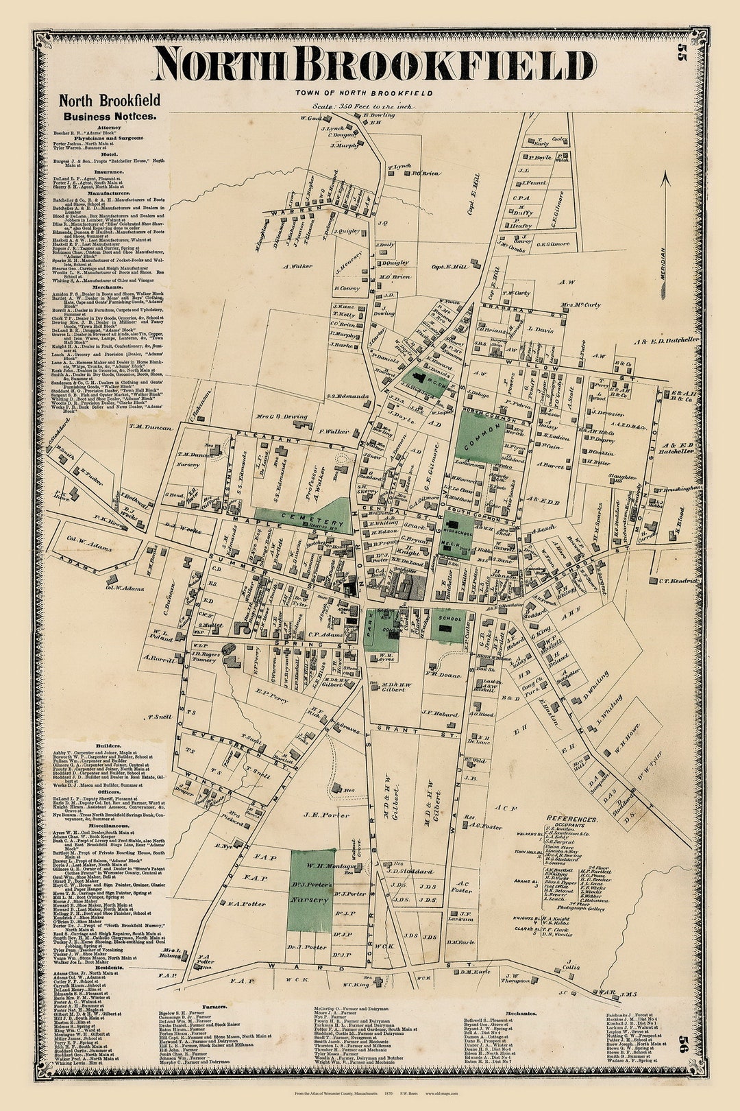 North Brookfield Village 1870 Old Town Map With Homeowner Names ...