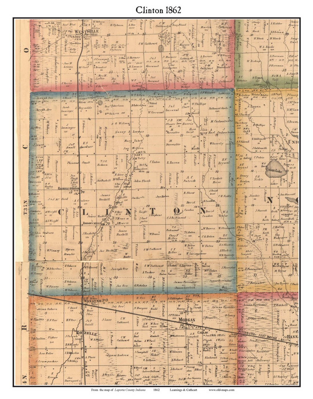 Clinton 1862 Old Town Map With Homeowner Names Indiana Bigdows Mills ...