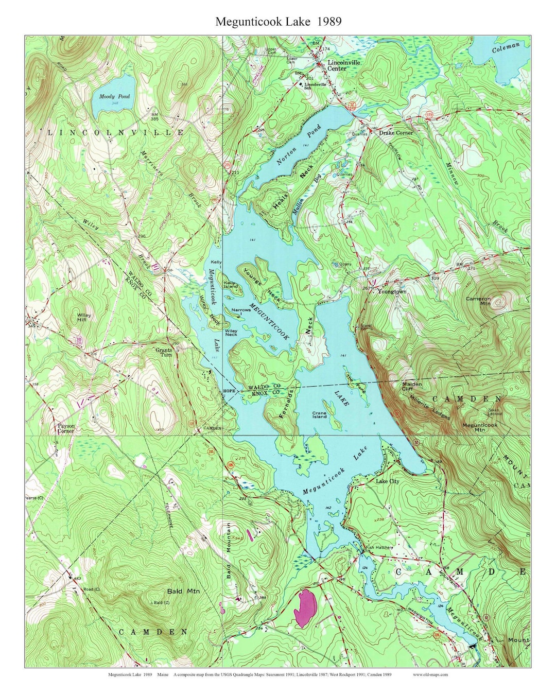 Megunticook Lake 1989 Old Topographic Map USGS - Custom Composite ...