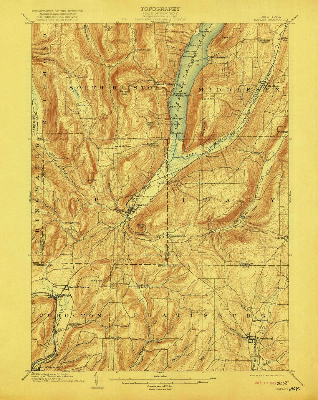 Naples 1903 (1922) Old Topo Map Canandaigua Lake South Bristol Cohocton ...