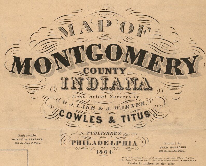 Montgomery County Indiana 1864- Old Wall Map Reprint With Homeowner ...